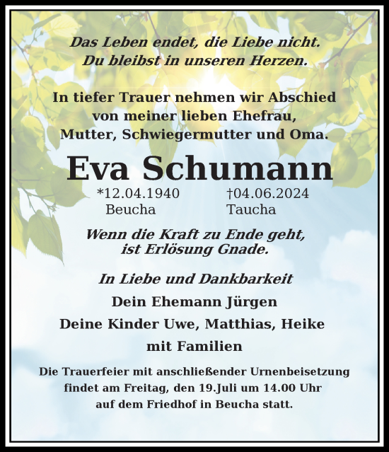 Traueranzeigen von Eva Schumann | trauer-anzeigen.de