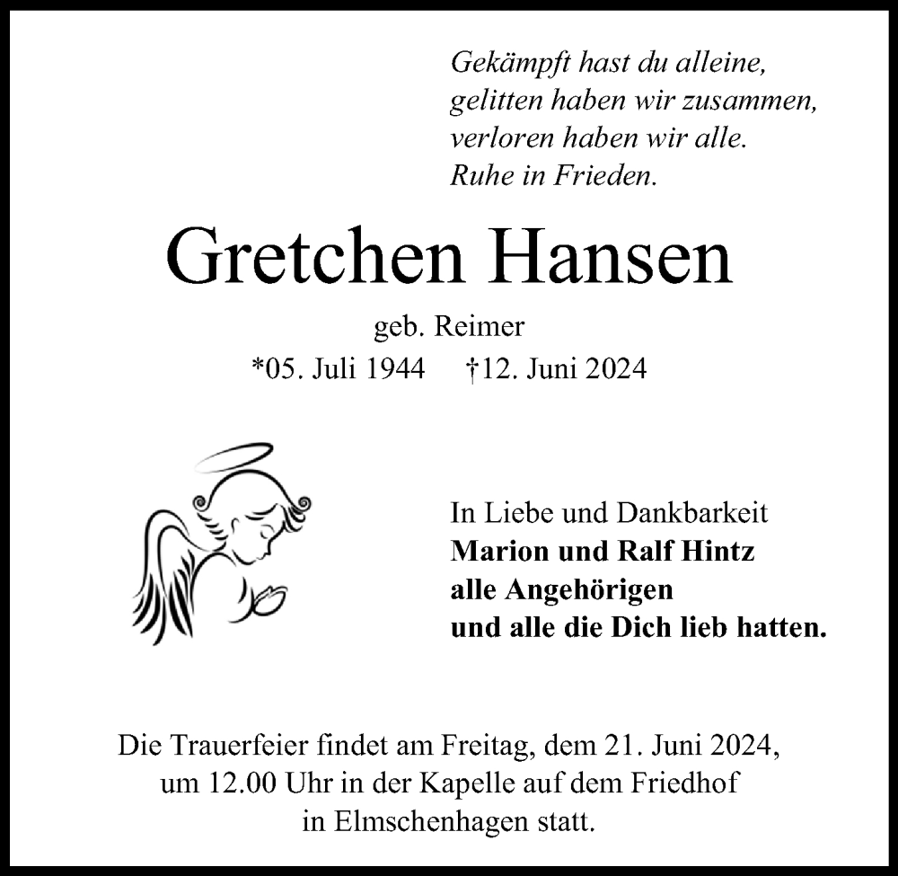 Traueranzeigen von Gretchen Hansen | trauer-anzeigen.de