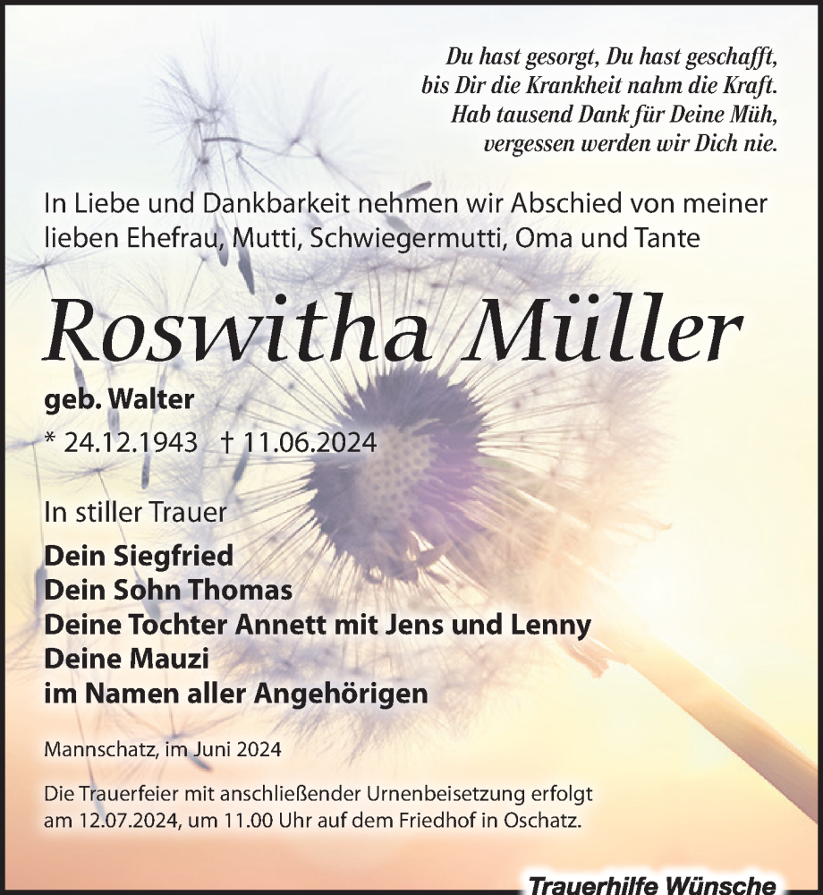 Traueranzeigen von Roswitha Müller | trauer-anzeigen.de