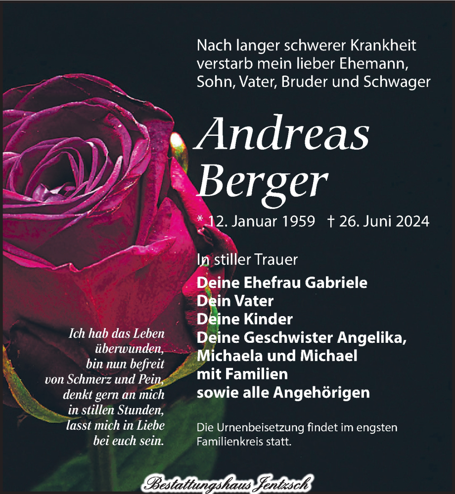 Traueranzeigen von Andreas Berger | trauer-anzeigen.de