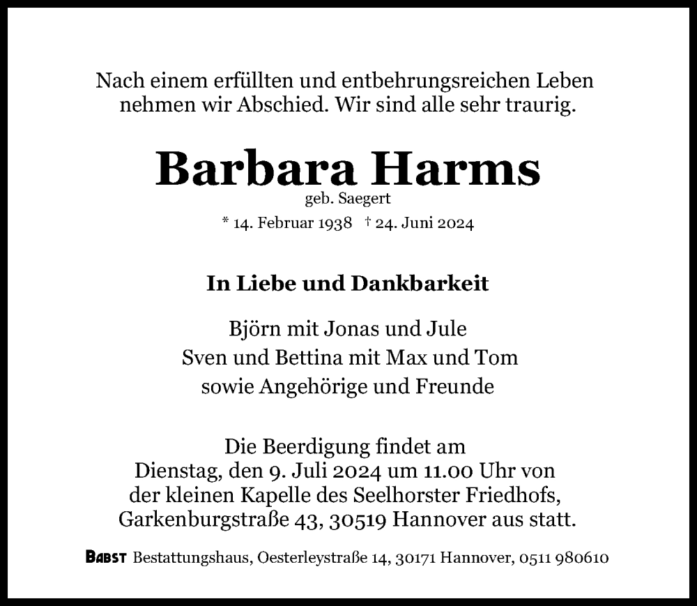 Traueranzeigen von Barbara Harms | trauer-anzeigen.de