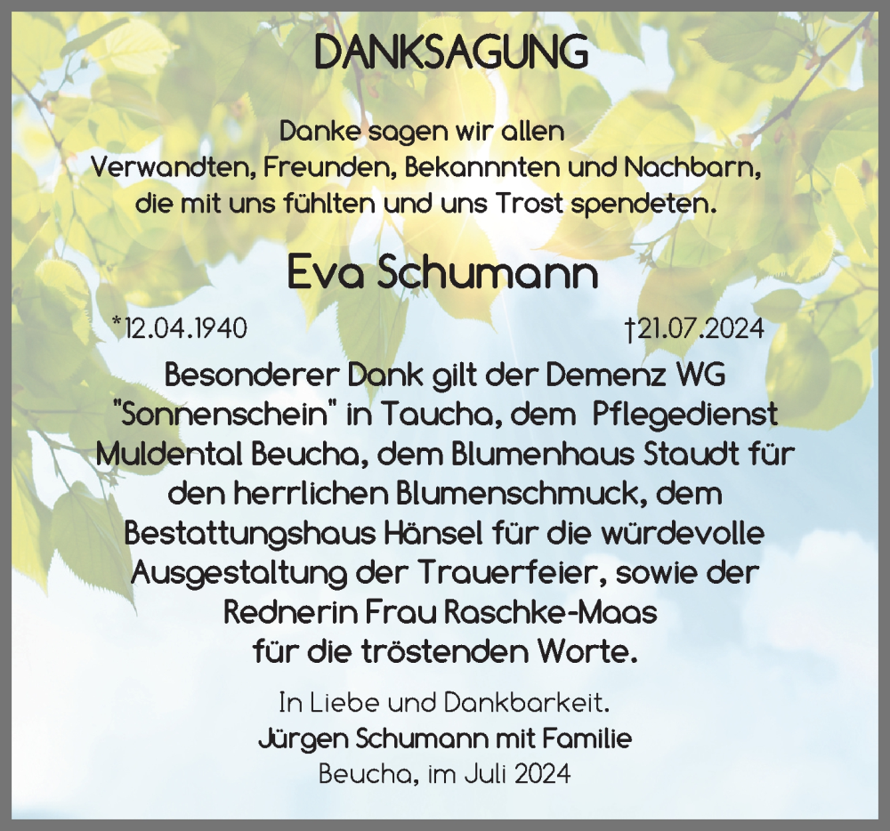 Traueranzeigen von Eva Schumann | trauer-anzeigen.de