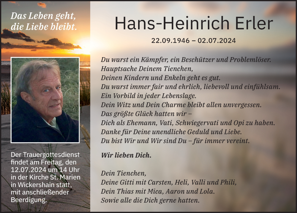 Traueranzeigen von Hans-Heinrich Erler | trauer-anzeigen.de