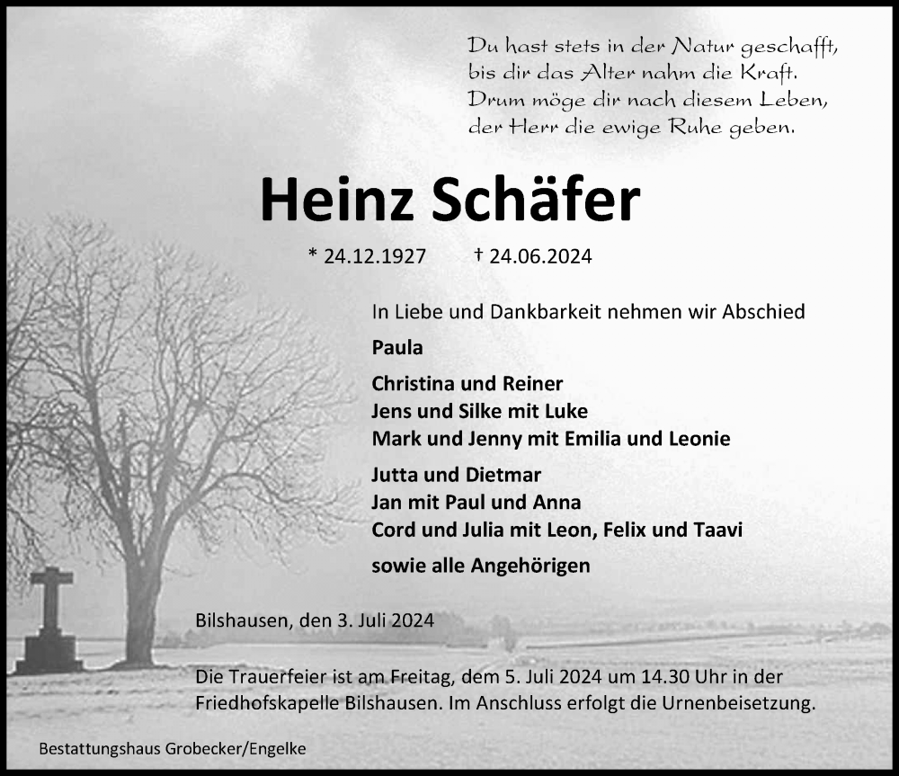 Traueranzeigen von Heinz Schäfer | trauer-anzeigen.de