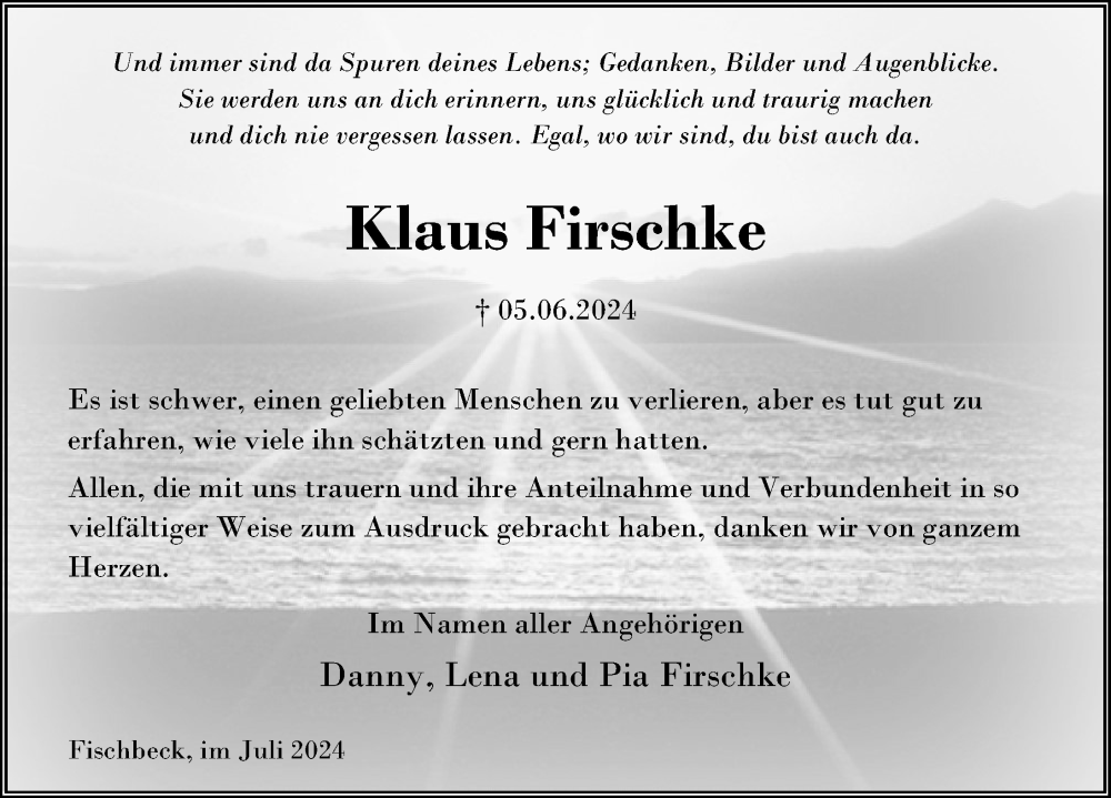 Traueranzeigen von Klaus Firschke | trauer-anzeigen.de