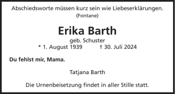 Traueranzeigen von Erika Barth | trauer-anzeigen.de