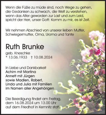 Traueranzeigen von Ruth Brunke | trauer-anzeigen.de