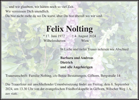Traueranzeigen von Felix Nolting | trauer-anzeigen.de
