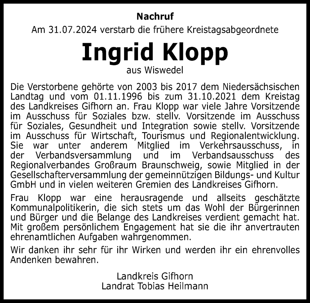 Traueranzeigen von Ingrid Klopp | trauer-anzeigen.de
