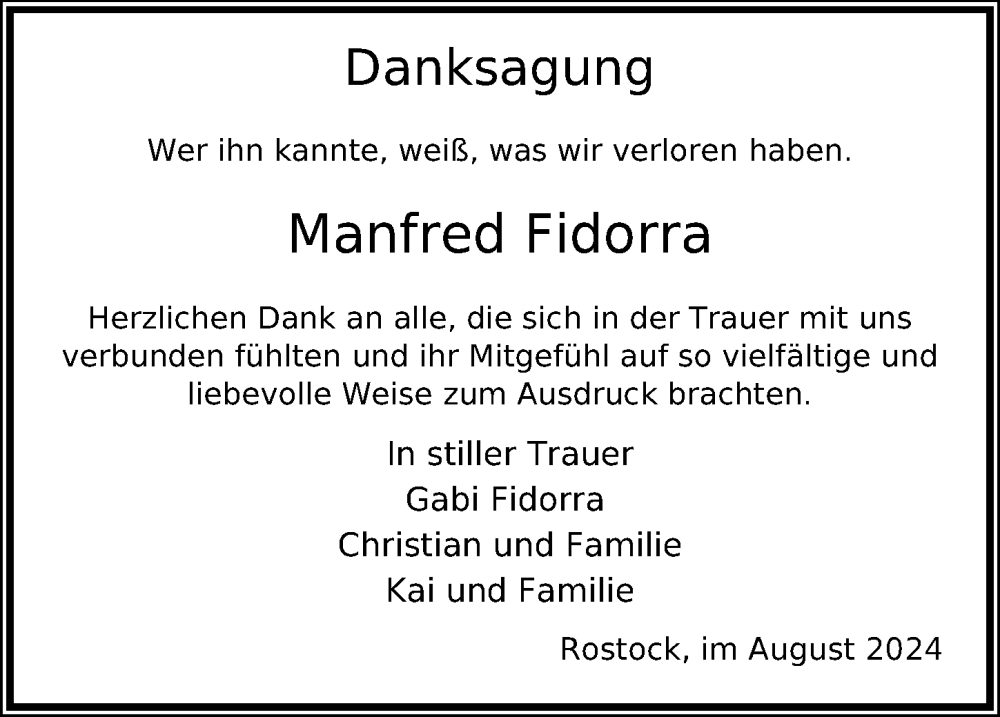 Traueranzeigen von Manfred Fidorra | trauer-anzeigen.de