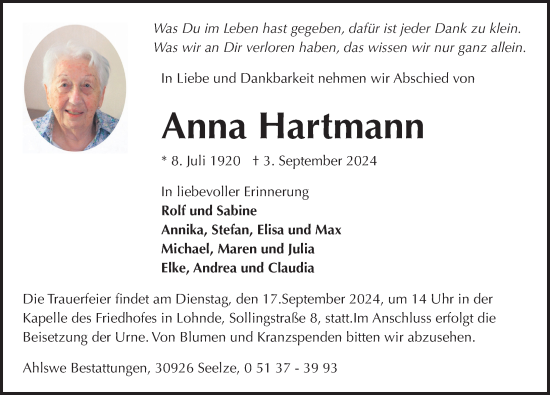 Traueranzeigen von Anna Hartmann | trauer-anzeigen.de