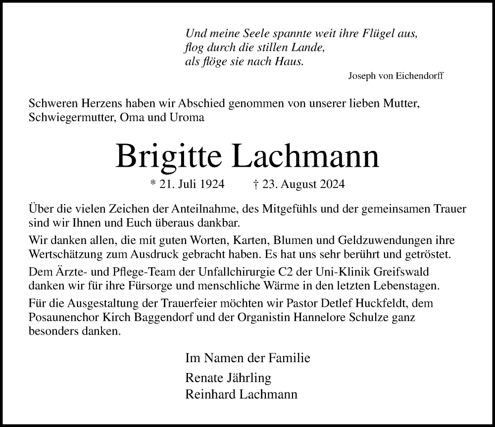 Traueranzeigen von Brigitte Lachmann | trauer-anzeigen.de
