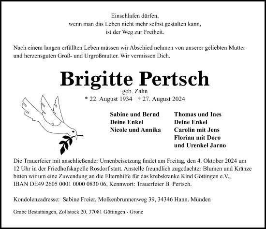 Traueranzeigen von Brigitte Pertsch | trauer-anzeigen.de