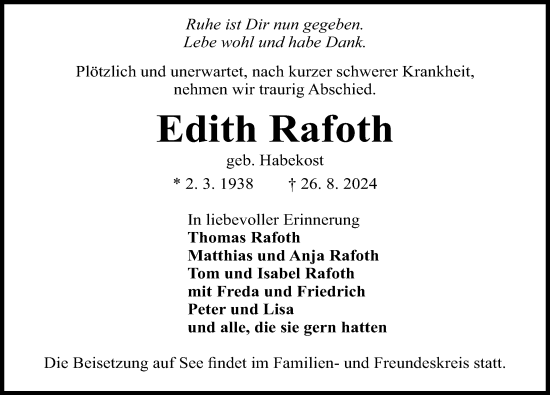 Traueranzeigen von Edith Rafoth | trauer-anzeigen.de