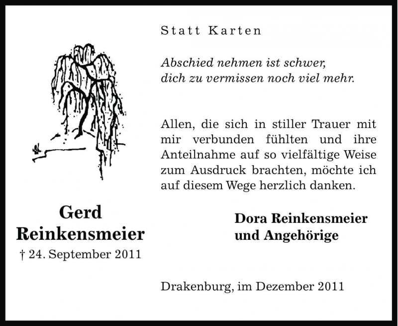 Traueranzeigen von Gerd Reinkensmeier | trauer-anzeigen.de