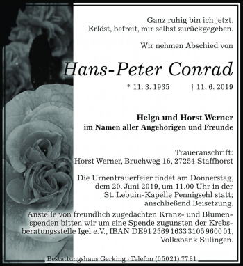Traueranzeigen von Hans-Peter Conrad | trauer-anzeigen.de