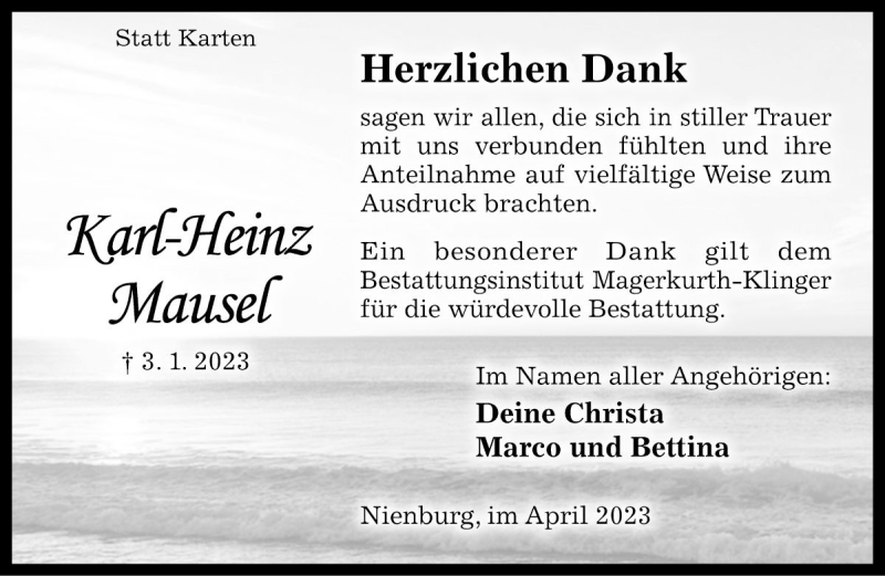 Traueranzeigen von Karl-Heinz Mausel | trauer-anzeigen.de