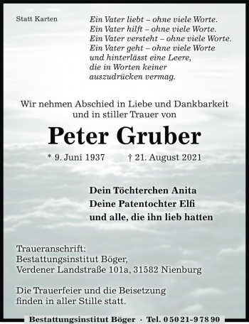 Traueranzeigen von Peter Gruber | trauer-anzeigen.de