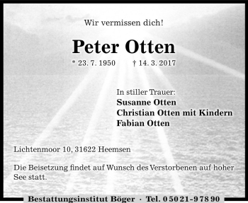 Traueranzeigen von Peter Otten | trauer-anzeigen.de