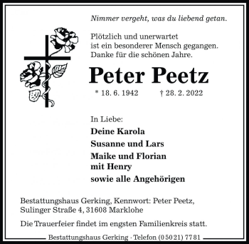 Traueranzeigen von Peter Peetz | trauer-anzeigen.de