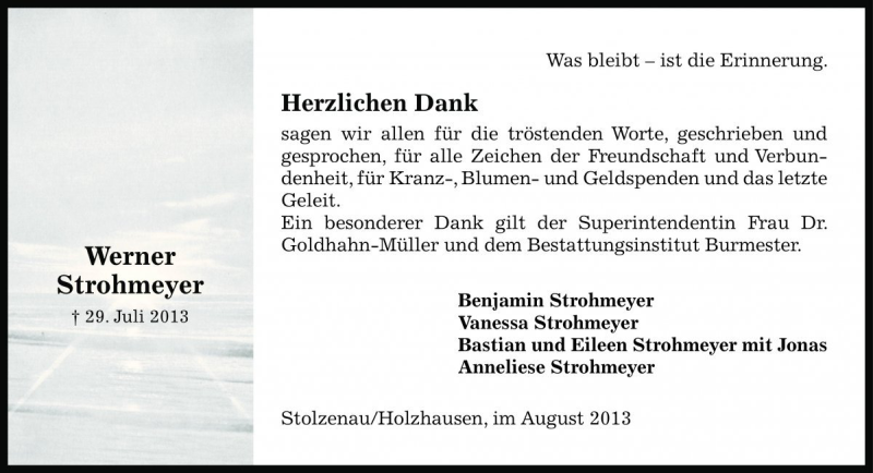Traueranzeigen von Werner Strohmeyer | trauer-anzeigen.de