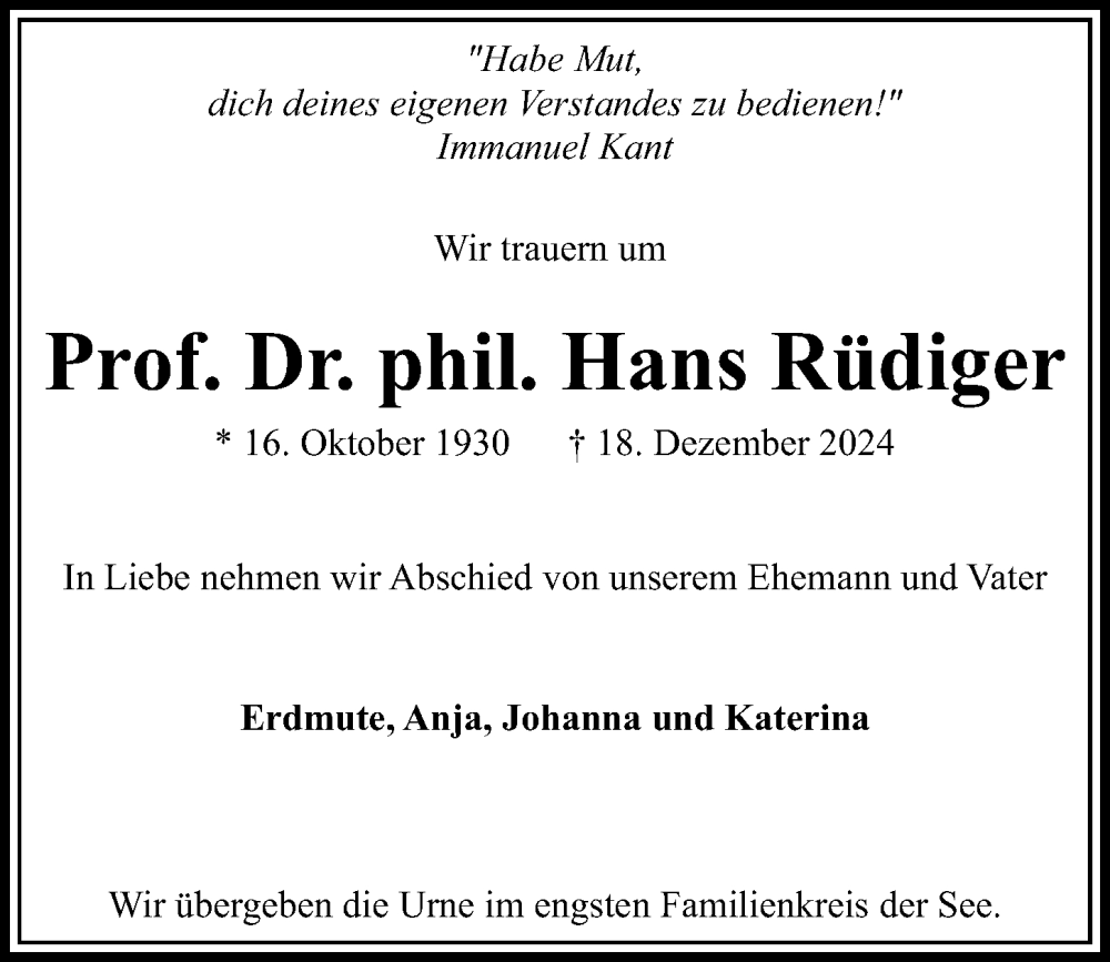 Traueranzeigen von Hans Rüdiger | trauer-anzeigen.de