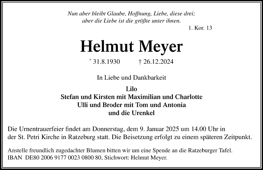 Traueranzeigen von Helmut Meyer | trauer-anzeigen.de
