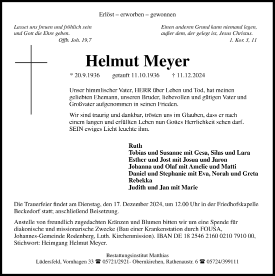 Traueranzeigen von Helmut Meyer | trauer-anzeigen.de