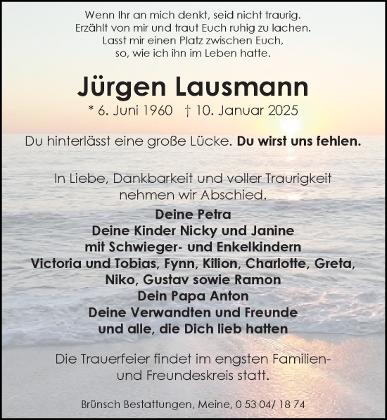 Traueranzeigen von Jürgen Lausmann | trauer-anzeigen.de