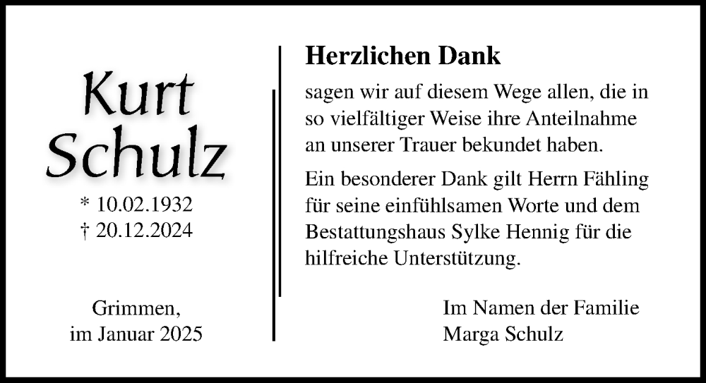 Traueranzeigen von Kurt Schulz | trauer-anzeigen.de