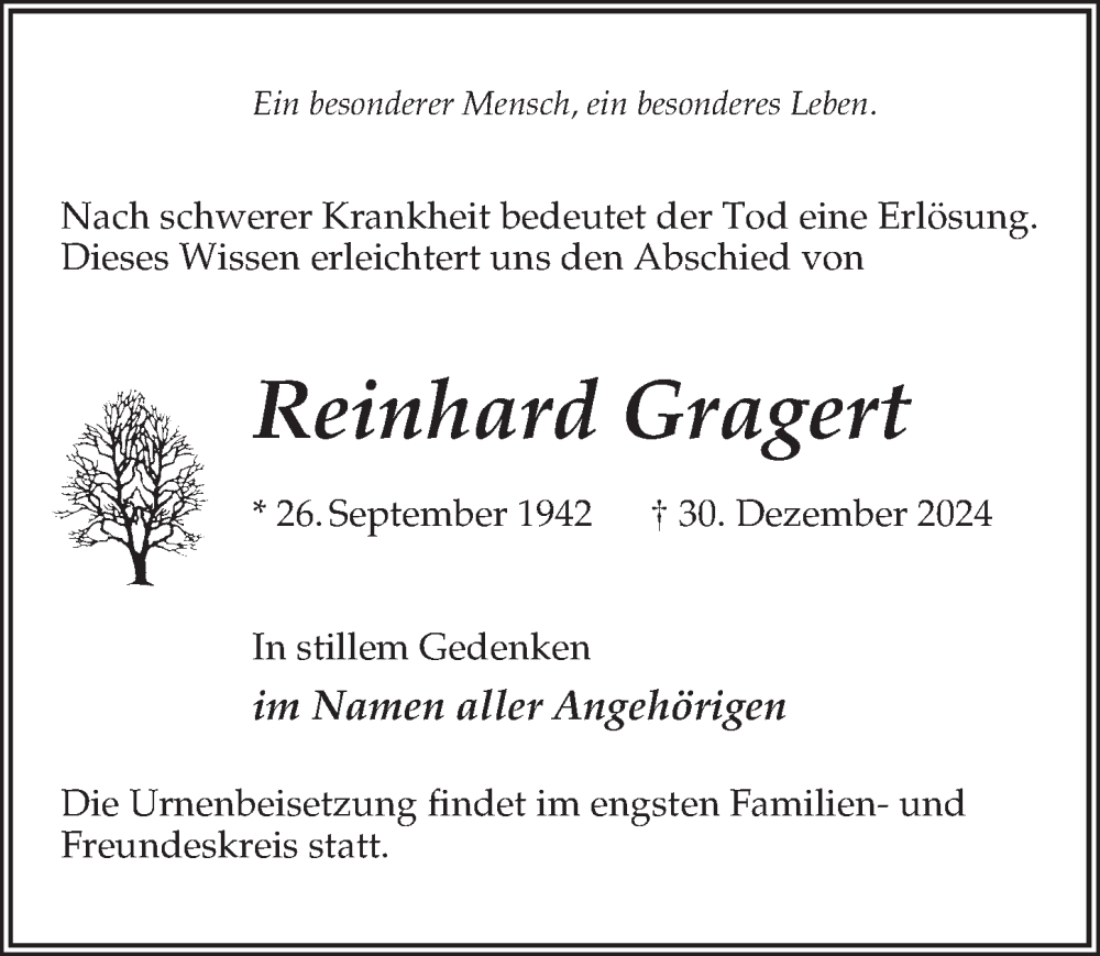 Traueranzeigen von Reinhard Gragert | trauer-anzeigen.de