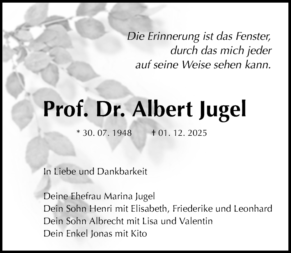 Traueranzeigen von Albert Jugel | trauer-anzeigen.de