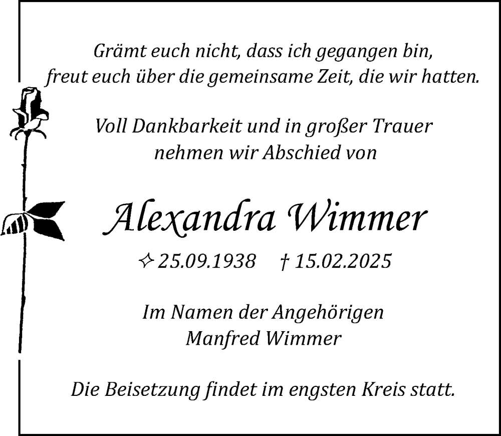 Traueranzeigen von Alexandra Wimmer | trauer-anzeigen.de