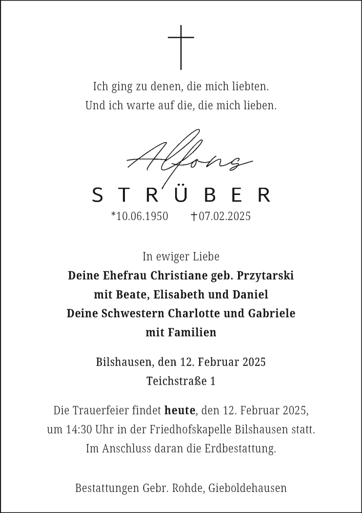 Traueranzeigen von Alfons Strüber | trauer-anzeigen.de