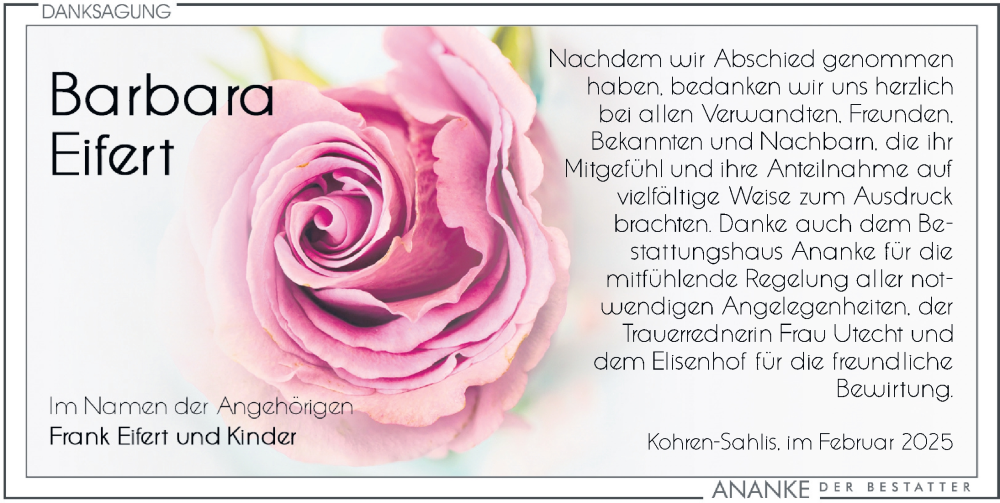 Traueranzeigen von Barbara Eifert | trauer-anzeigen.de