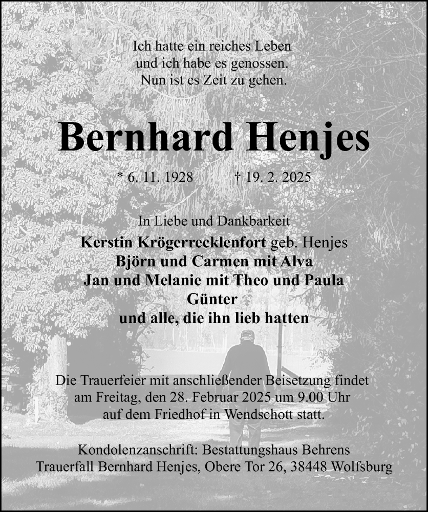 Traueranzeigen von Bernhard Henjes | trauer-anzeigen.de