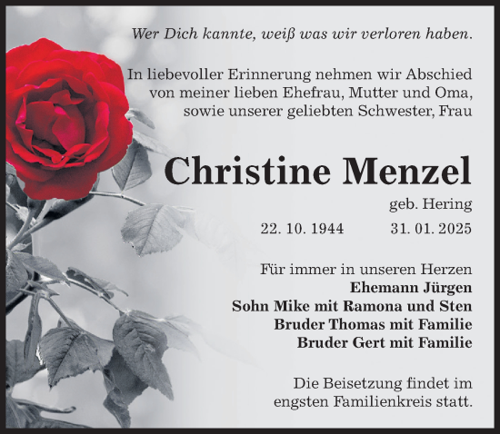 Traueranzeigen von Christine Menzel | trauer-anzeigen.de