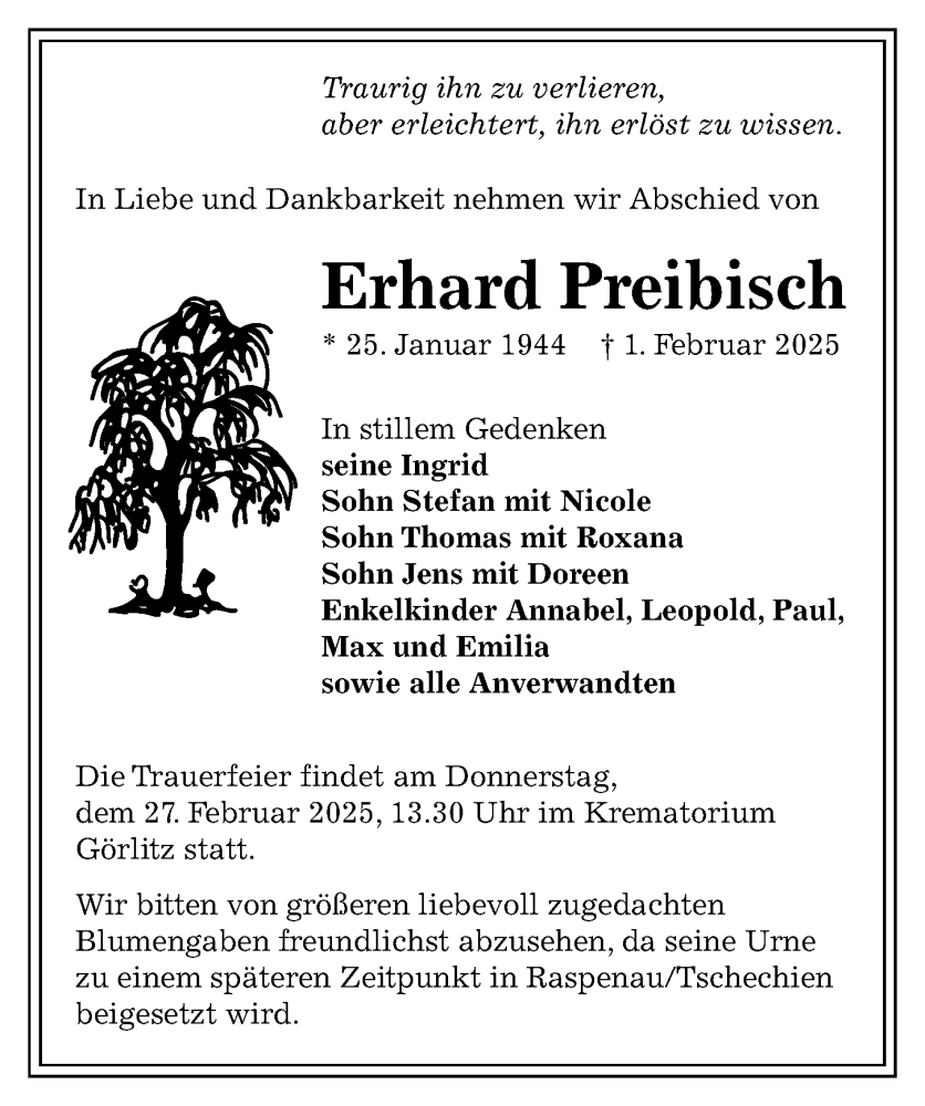 Traueranzeigen von Erhard Preibisch | trauer-anzeigen.de