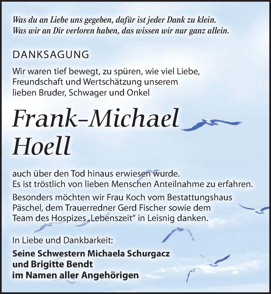 Traueranzeigen von Frank-Michael Hoell | trauer-anzeigen.de
