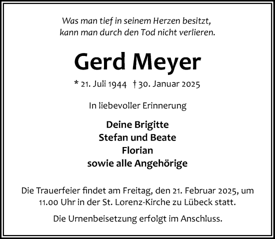 Traueranzeigen von Gerd Meyer | trauer-anzeigen.de