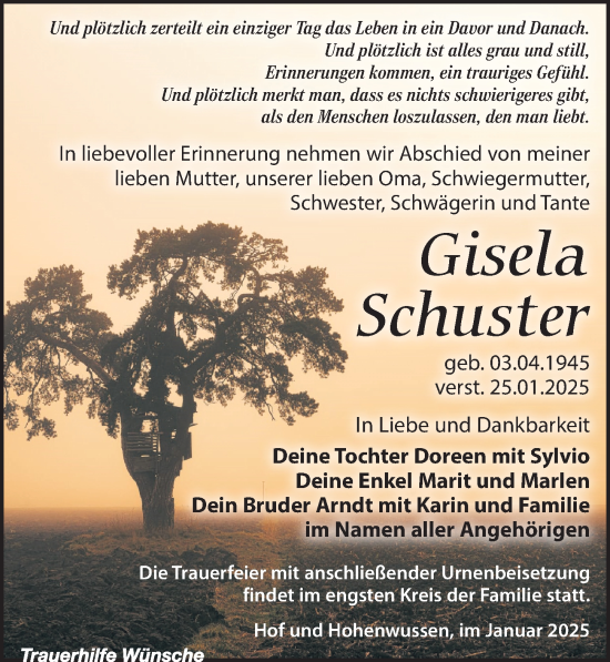 Traueranzeigen von Gisela Schuster | trauer-anzeigen.de