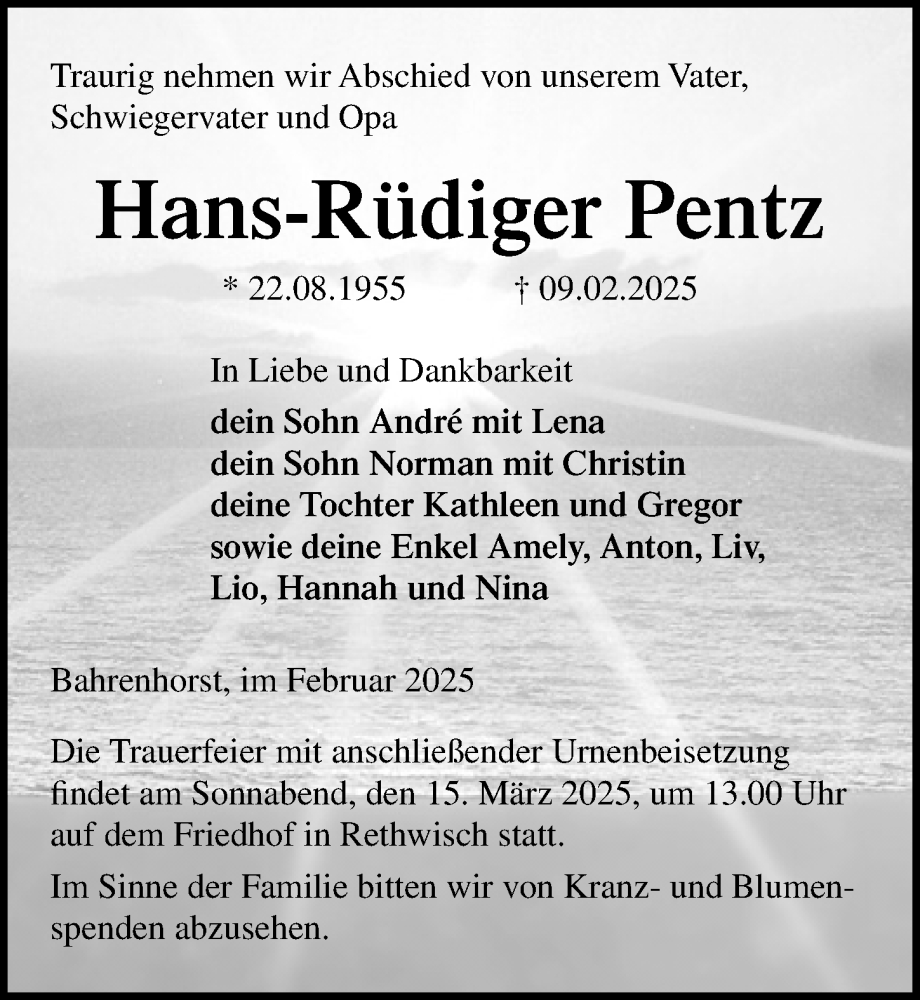 Traueranzeigen von Hans-Rüdiger Pentz | trauer-anzeigen.de