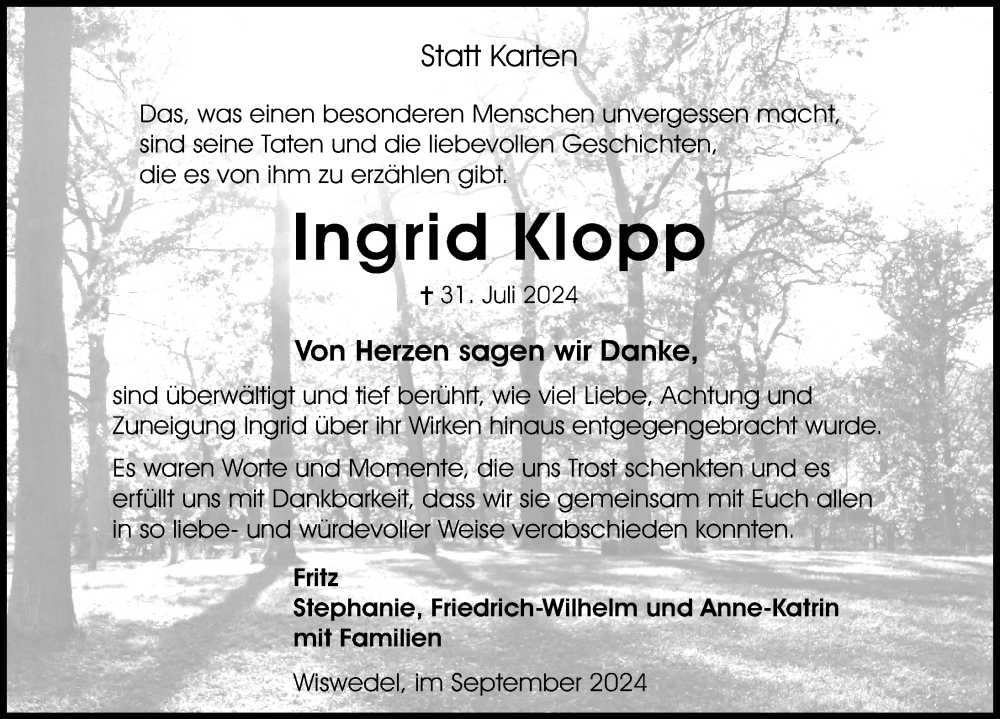 Traueranzeigen von Ingrid Klopp | trauer-anzeigen.de