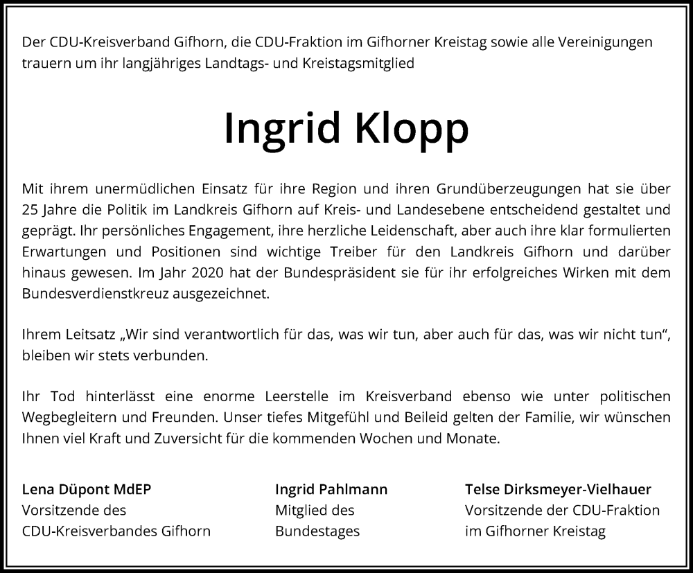 Traueranzeigen von Ingrid Klopp | trauer-anzeigen.de