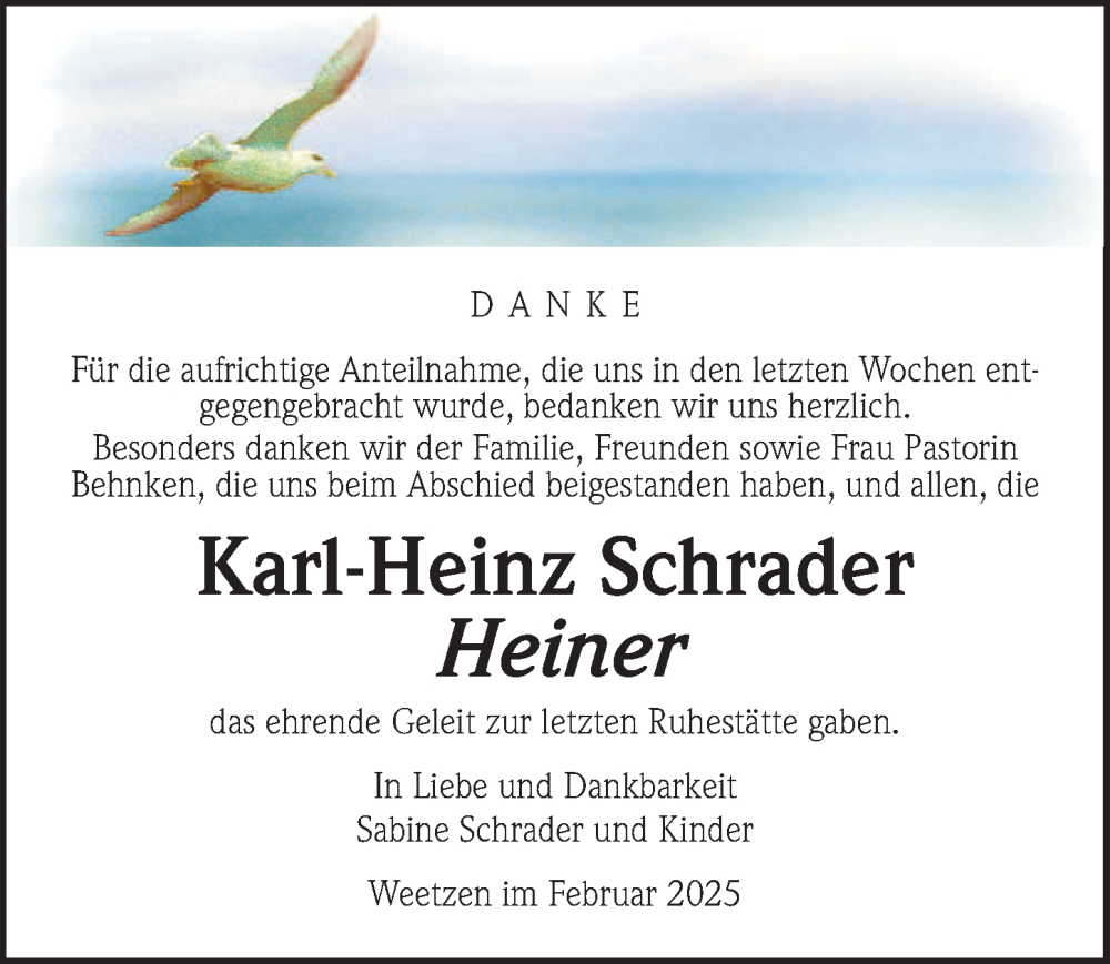 Traueranzeigen von Karl-Heinz Schrader | trauer-anzeigen.de