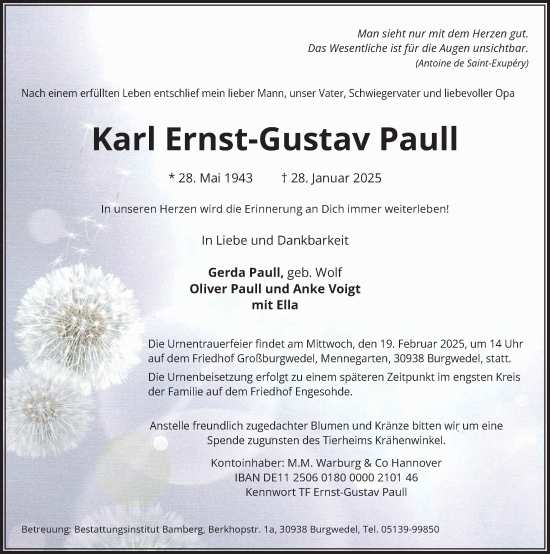 Traueranzeigen von Karl Ernst-Gustav Paull | trauer-anzeigen.de