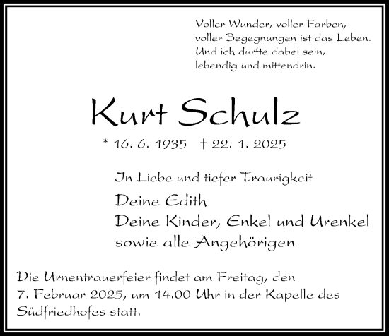 Traueranzeigen von Kurt Schulz | trauer-anzeigen.de