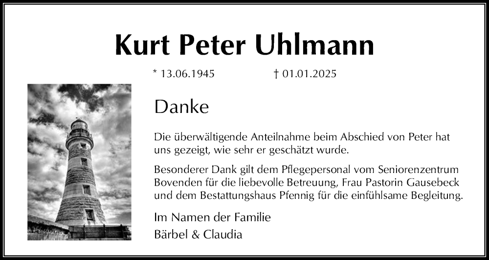 Traueranzeigen von Kurt Peter Uhlmann | trauer-anzeigen.de