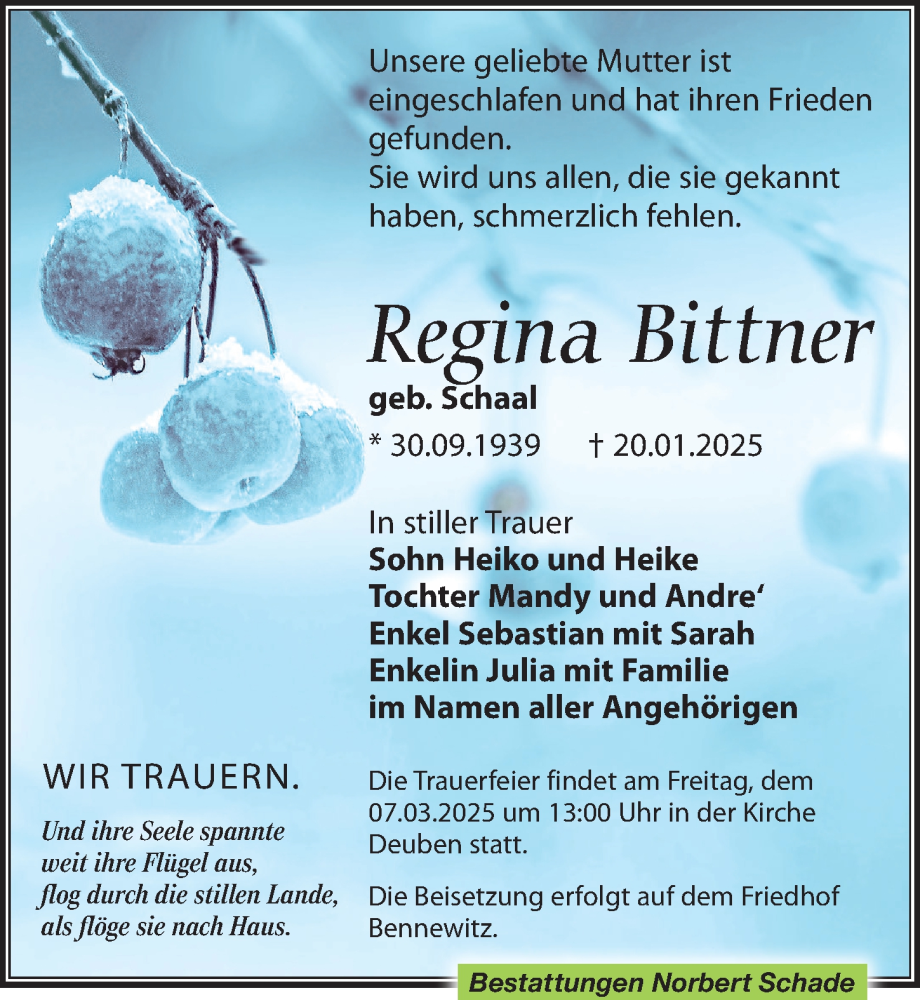 Traueranzeigen von Regina Bittner | trauer-anzeigen.de