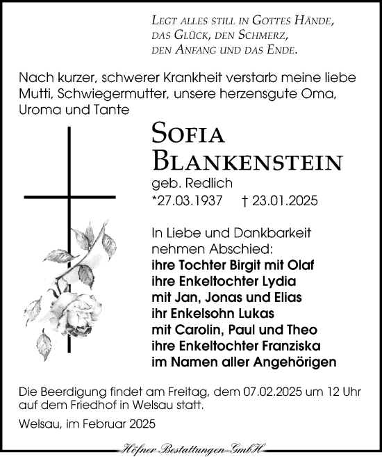Traueranzeigen von Sofia Blankenstein | trauer-anzeigen.de